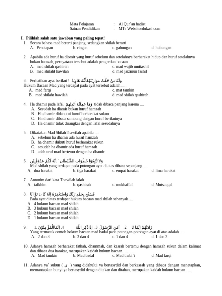 Soal Pat Al Quran Hadits Kelas Viii Pdf