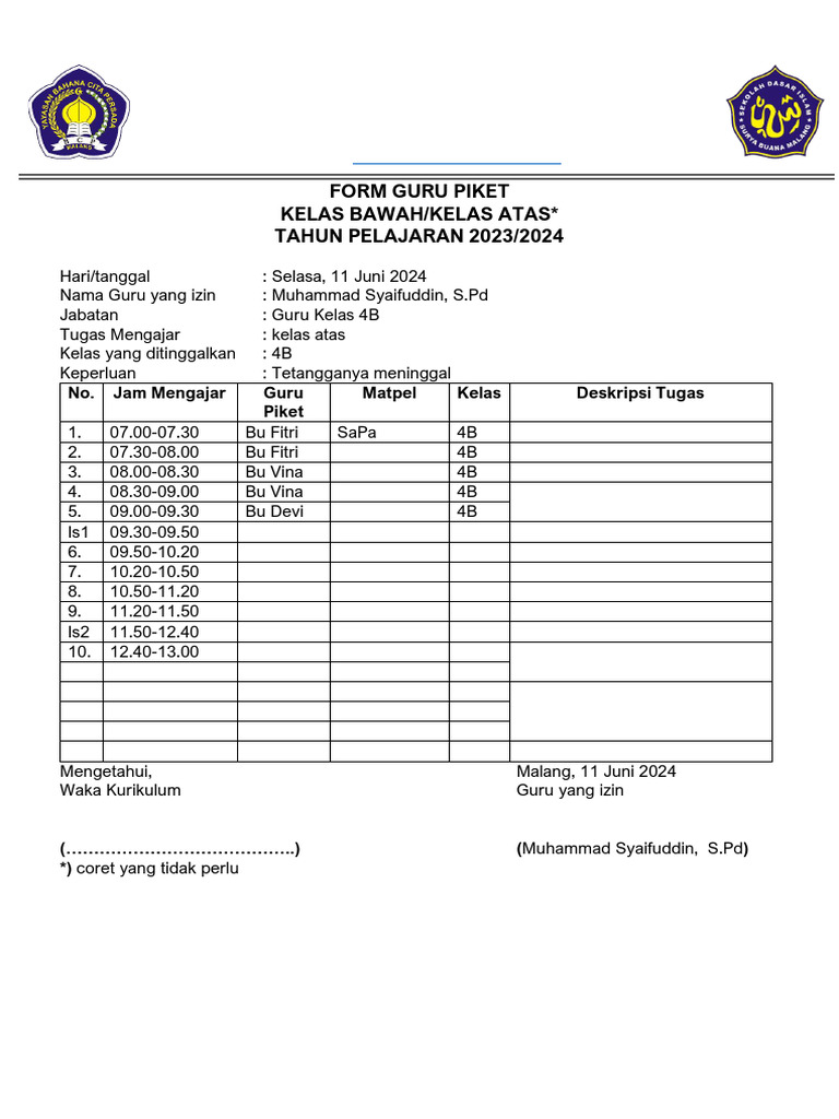 Form Piket Guru SDI Surya Buana 2024 | PDF