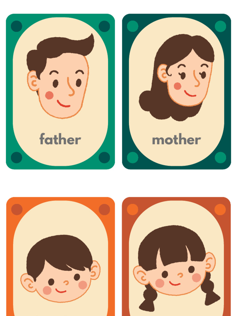 Family Flashcards in Red and Green Cartoon Style | PDF