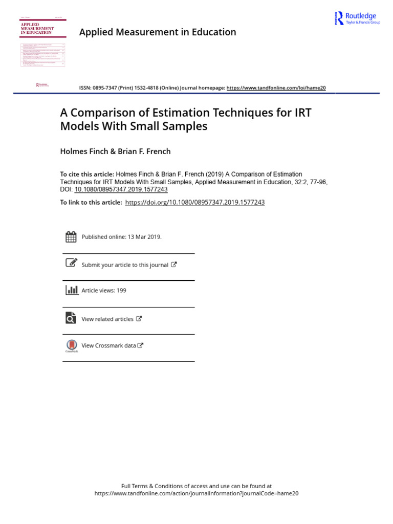 Finch & French (2019). A Comparison of Estimation Techiniques for IRT Models with Small Samples ...