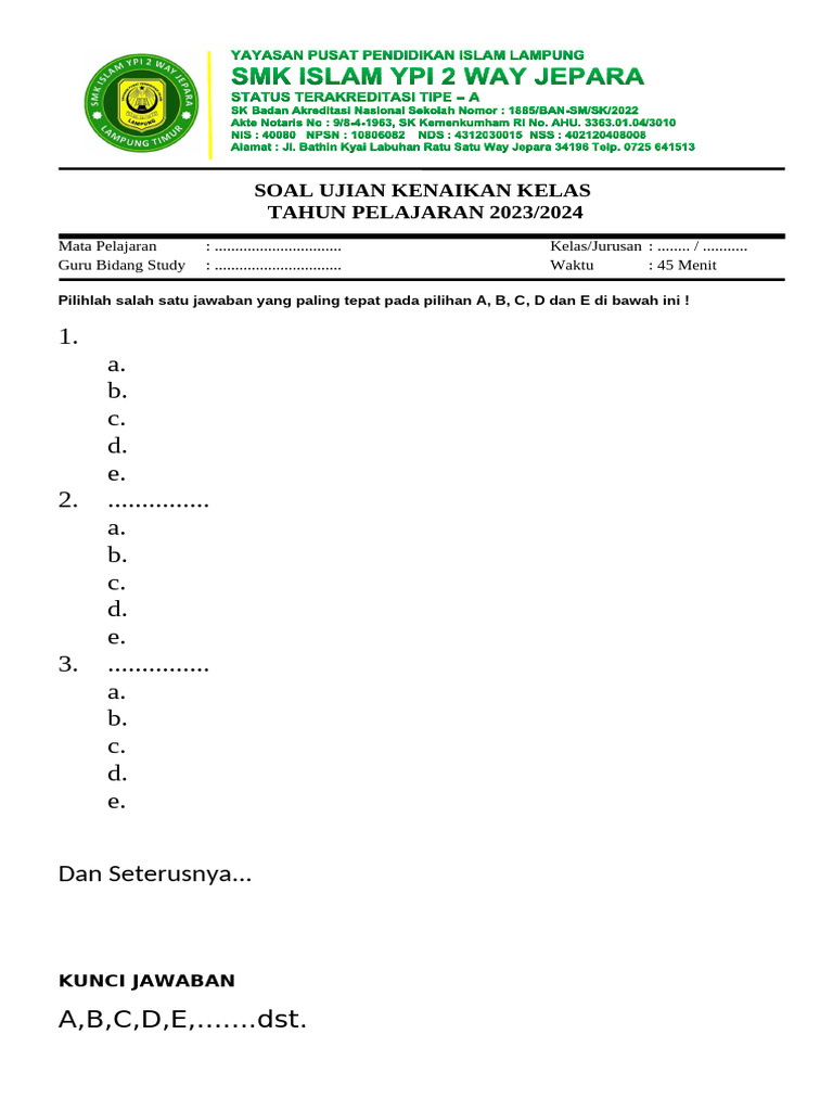 Format Soal Ujian Kenaikan Kelas 2023-2024 | PDF