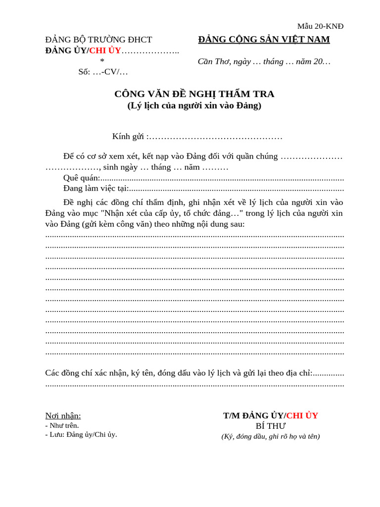 Mau 20-KND - Phieu Tham Tra Ly Lich Cua Nguoi Xin Vao Dang | PDF