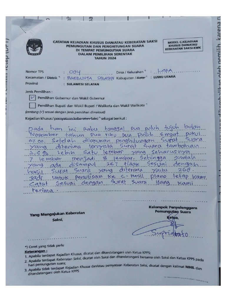 Form Catatan Kejadian Khusus TPS 04 Lara | PDF