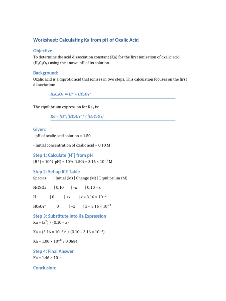 Oxalic Acid Ka Calculation Worksheet | PDF