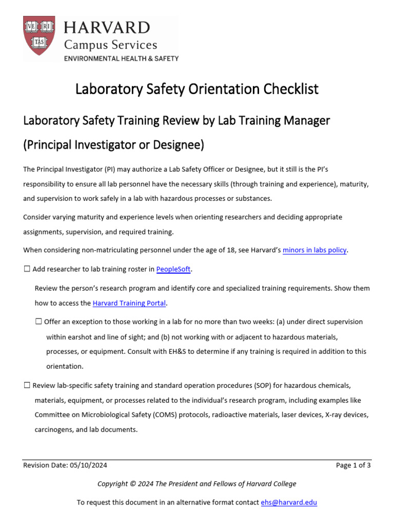 Lab Safety Orientation Checklist | PDF | Laboratories | Personal ...