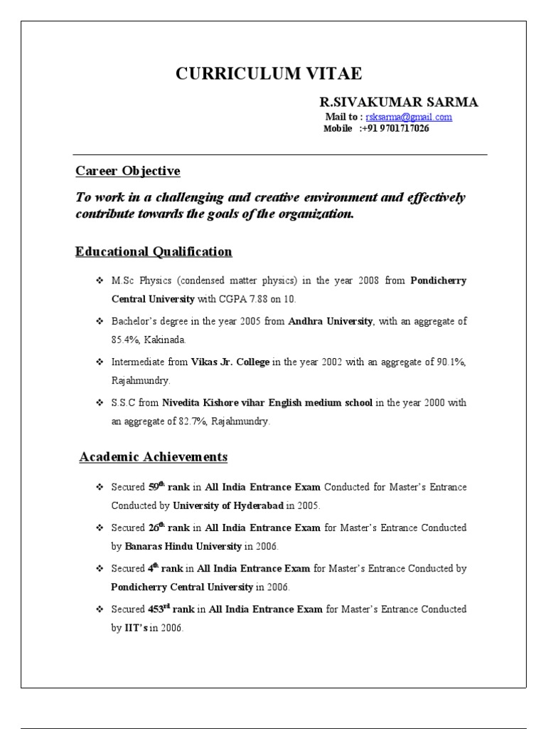 R. Sivakumar Sarma CV and Profile | PDF | Career & Growth