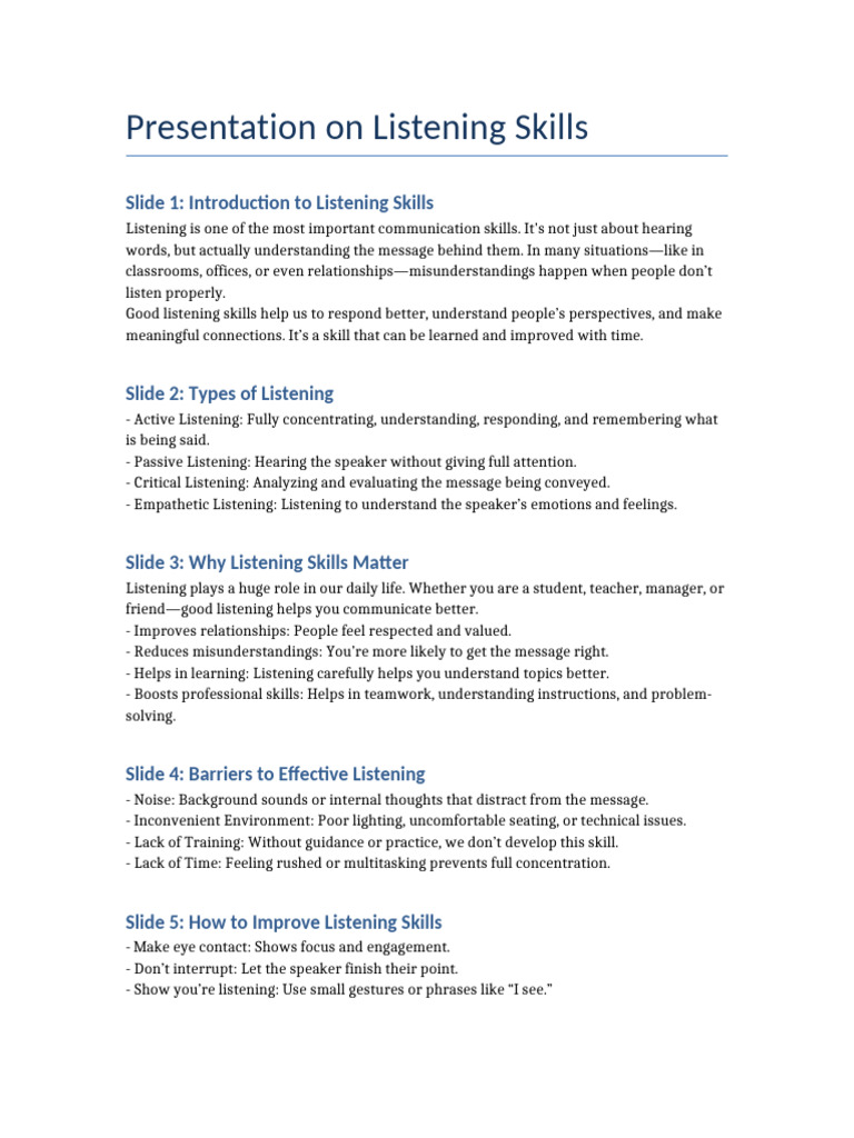 Listening Skills Presentation | PDF | Psychological Concepts | Cognition
