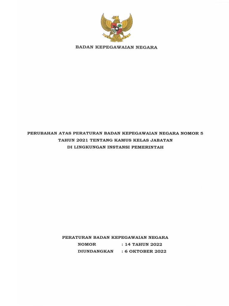 Peraturan Badan Kepegawaian Negara Nomor 14 Tahun 2022 Tentang Perubahan Atas Peraturan BKN No ...