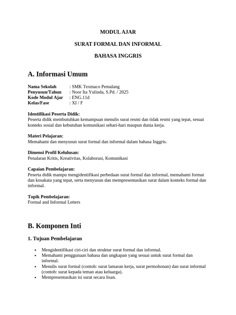 Modul Ajar Deep Learning Formal Dan Informal Letter | PDF