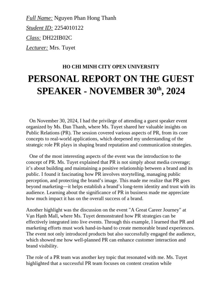 PERSONAL REPORT ON THE GUEST SPEAKER - NOVEMBER 30th, 2024 | PDF ...