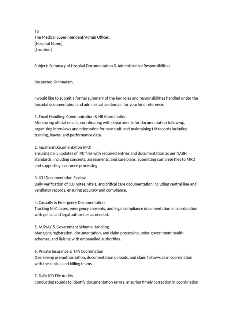 Hospital Documentation Administrative Roles Letter | PDF