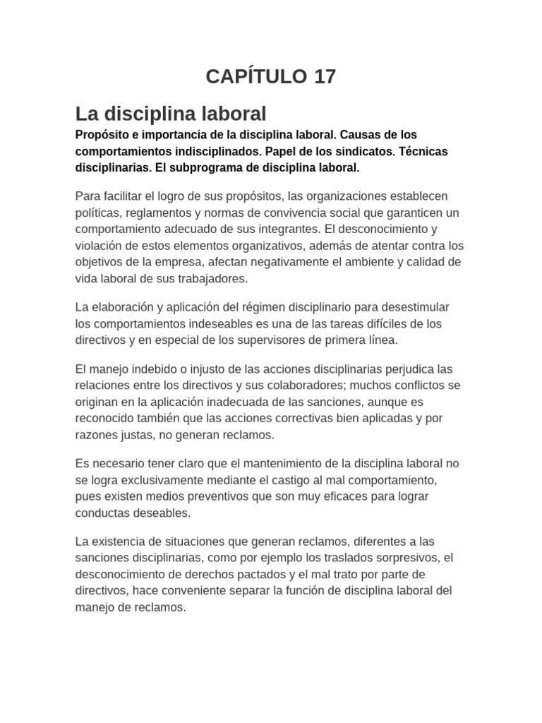 CAPITULO 17 La Disciplina Laboral | PDF | Disciplinas | Comportamiento