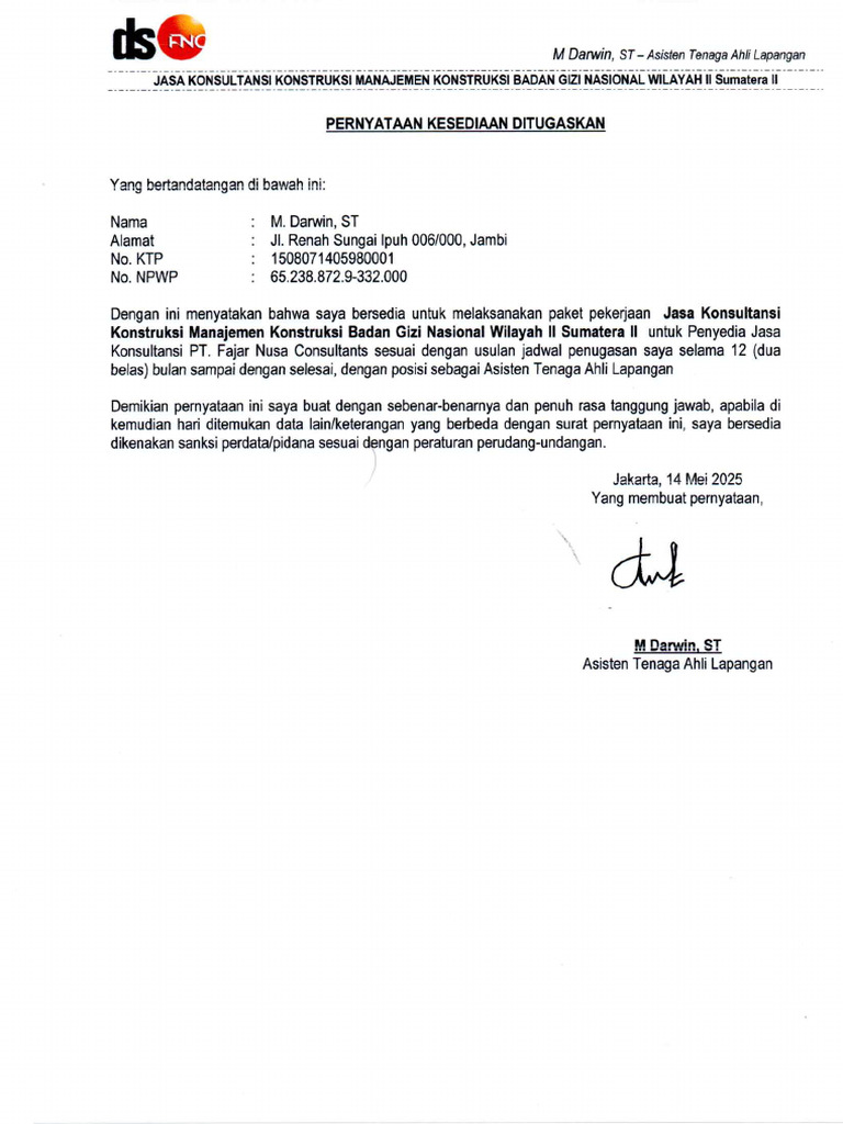 Surat Kesediaan no 50 M Darwin | PDF