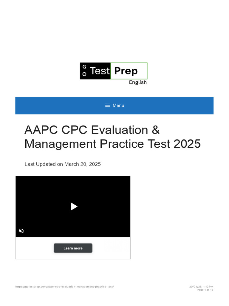 AAPC CPC Evaluation & Management Practice Test 2025 1 | PDF | Pneumonia ...