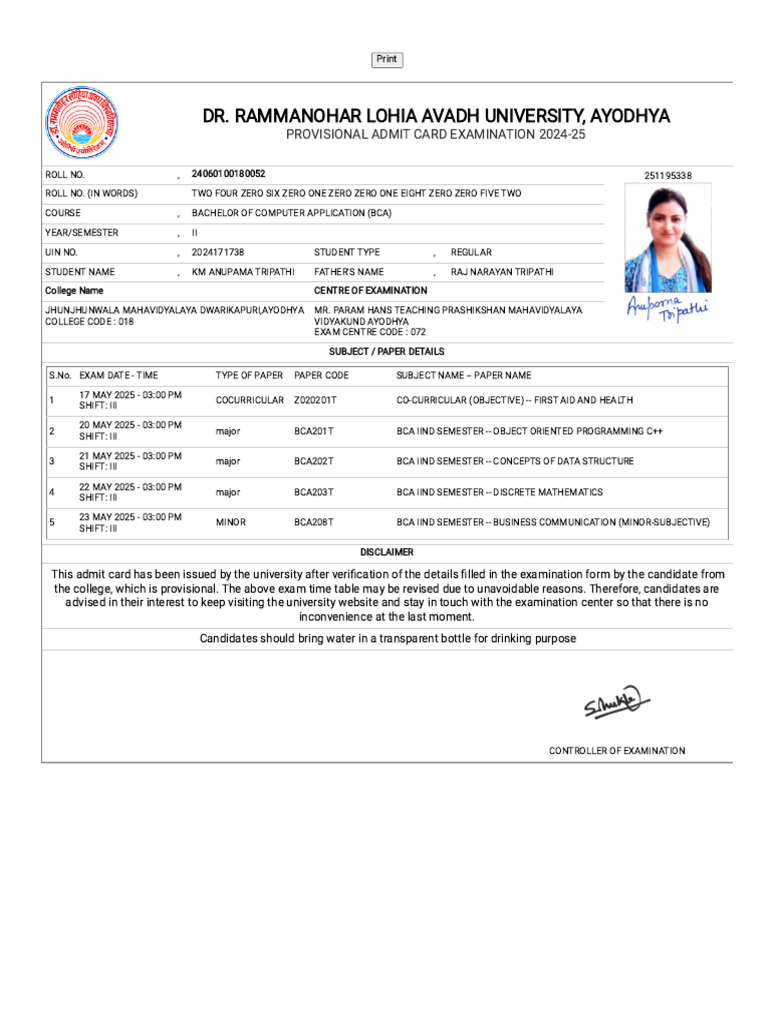 Admit Card - (Anupama Tripathi) DR. RAMMANOHAR LOHIA AVADH UNIVERSITY ...