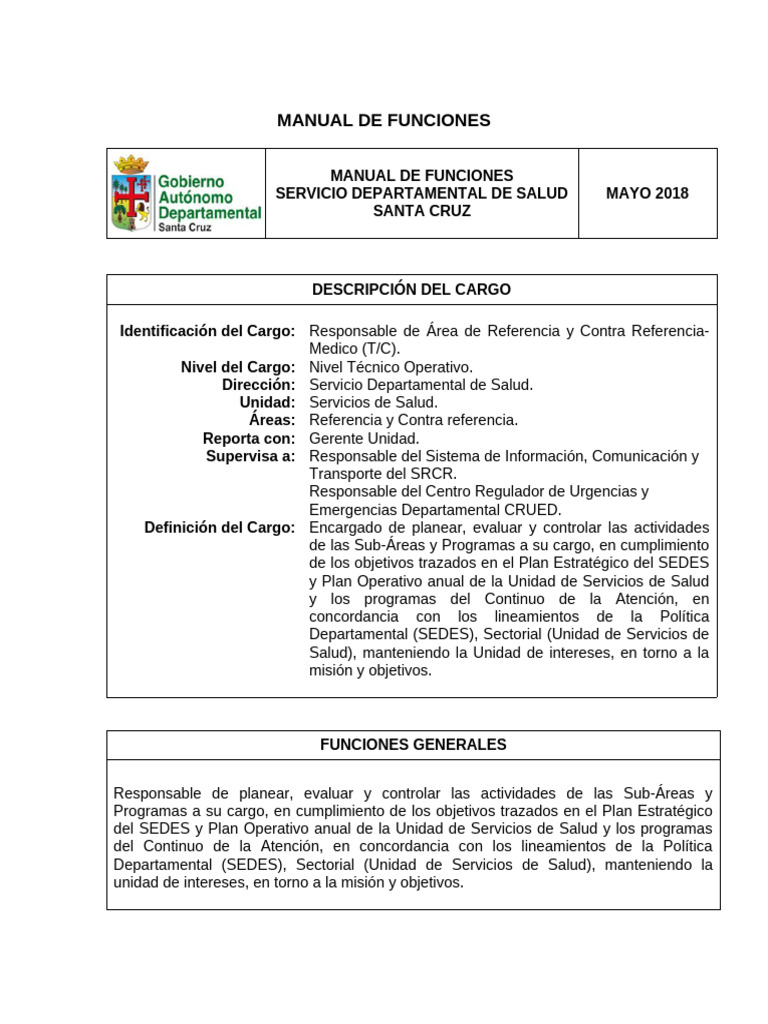 MANUAL DE FUNCIONES Resp REFERENCIA Y CONTRAREFERENCIA-MODELO SCRUZ | PDF | Cuidado de la salud