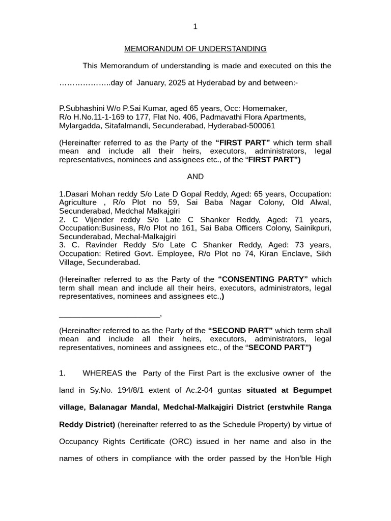 MOU P Subhashini (TDR Case) | PDF | Deed | Lawsuit