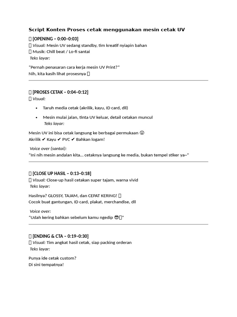 Script Konten Proses Cetak Menggunakan Mesin Cetak UV | PDF