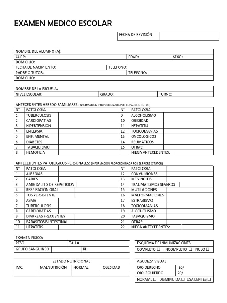 EXAMEN ESCOLAR Formato para Imprimir | PDF | Enfermedades y trastornos ...