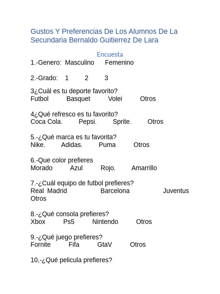 Gustos Y Preferencias de Los Alumnos de La Secundaria Bernaldo ...