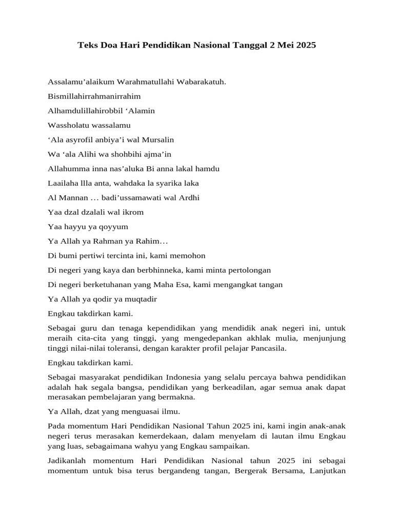 Teks Doa Hari Pendidikan Nasional Tanggal 2 Mei 2025 | PDF