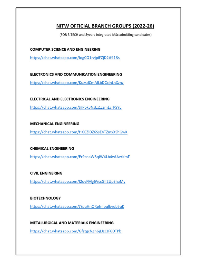 Nitw Official Branch Groups 2022-10!15!15!21!37 | PDF