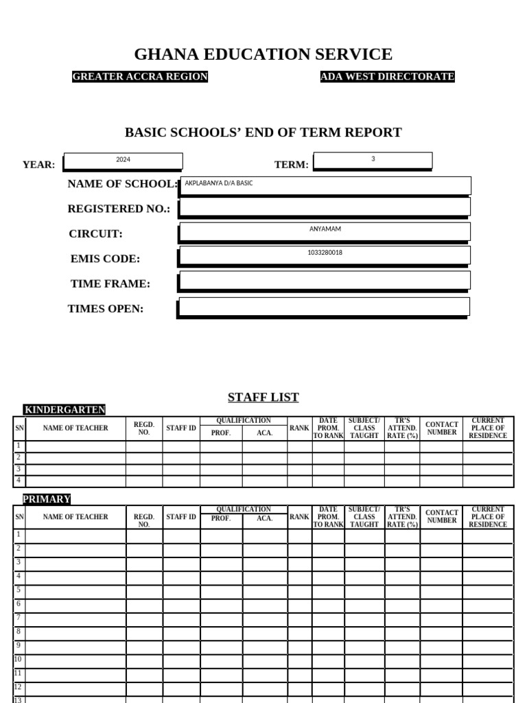 Basic Schools' End of Term Report | PDF