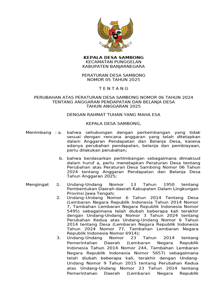 Rancangan Peraturan Desa Tentang Apbdes Perubahan 2025 | PDF