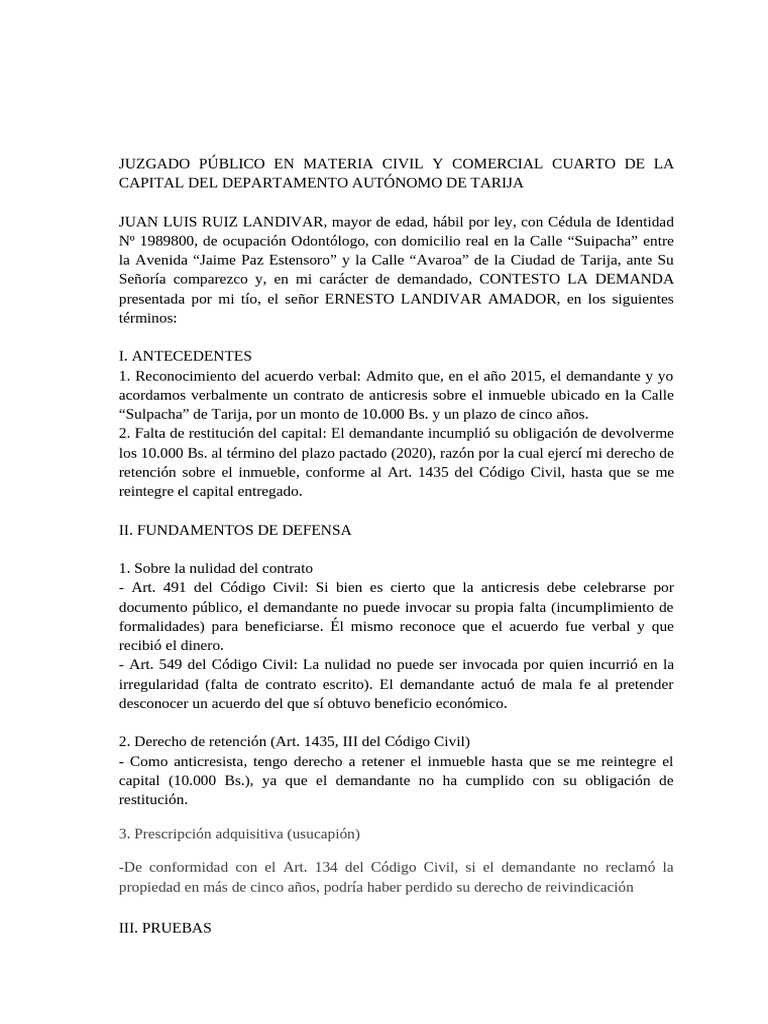 CONTESTACIÓN2 | PDF | Posesión adversa | Justicia