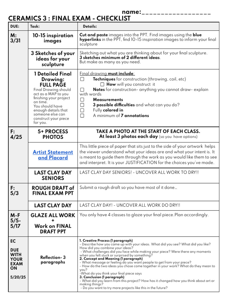 CERAMICS 3 _ FINAL PROJECT _ EXAM - CHECK LIST _ Calendar _ Links | PDF