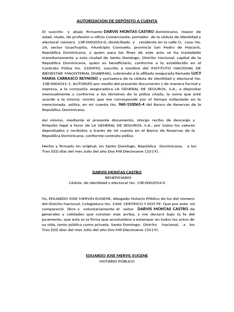 Autorizacion de Deposito A Cuenta General (Autoguardado) .Docx INABIMA DARVIS MONTAS | PDF