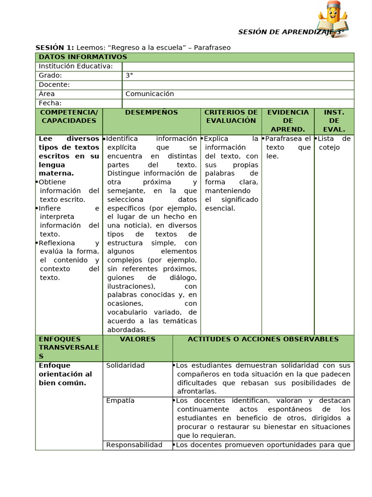 Sesiones 3° - Unidad 1 - Sem 1 | PDF | Tarjeta postal | Salón de clases