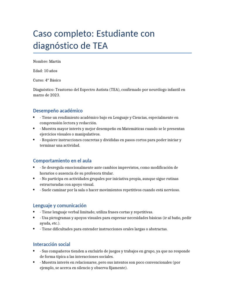 Caso Martin TEA | PDF | Autismo | Aprendizaje