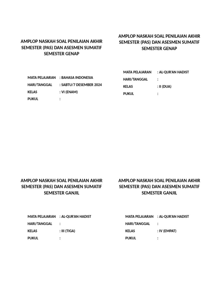 Amplop Naskah Soal Penilaian Akhir Semester | PDF