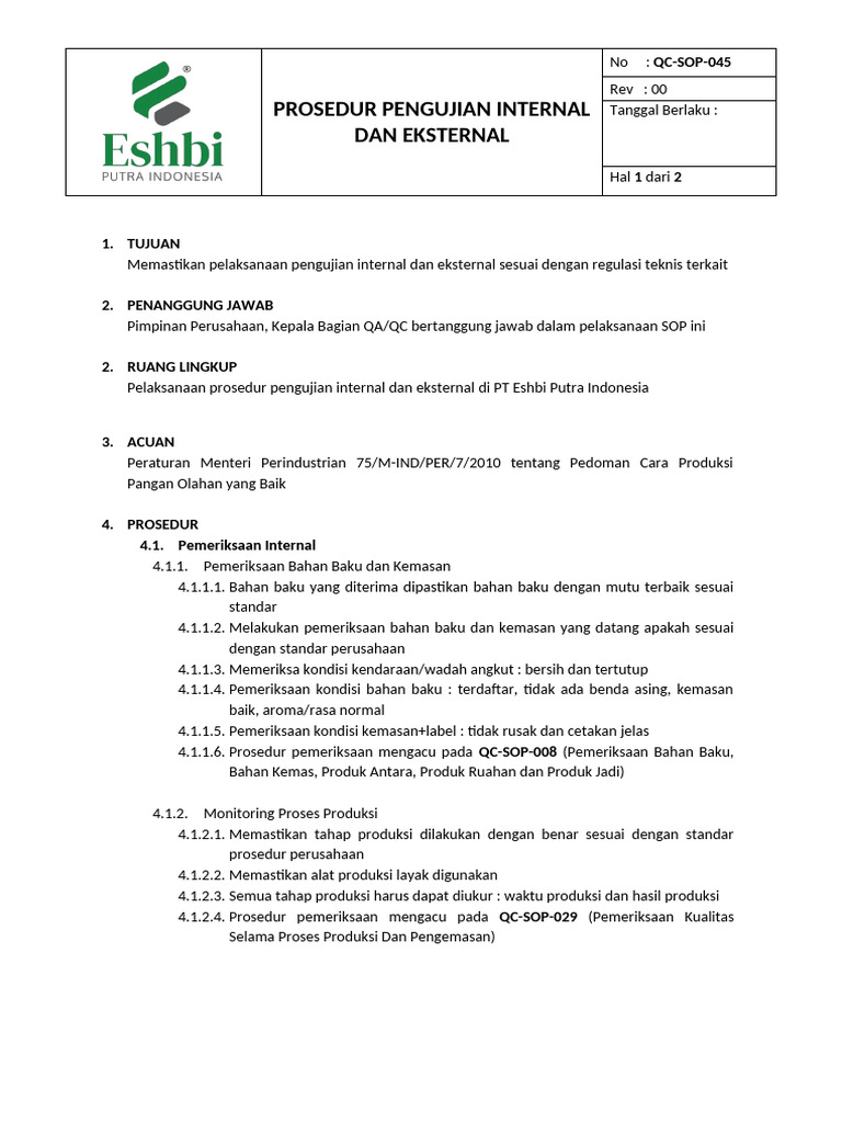 QC-SOP-045 Prosedur Pengujian Internal Dan Eksternal | PDF