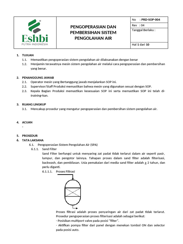 PRD-SOP-004 Rev.04 Pengoperasian Dan Pembersihan Sistem Pegolahan Air | PDF