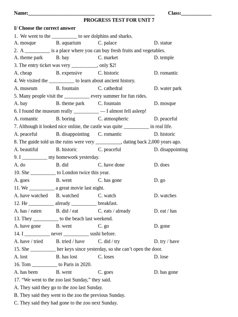 Grade 10 - Unit 7 - Progress Test | PDF