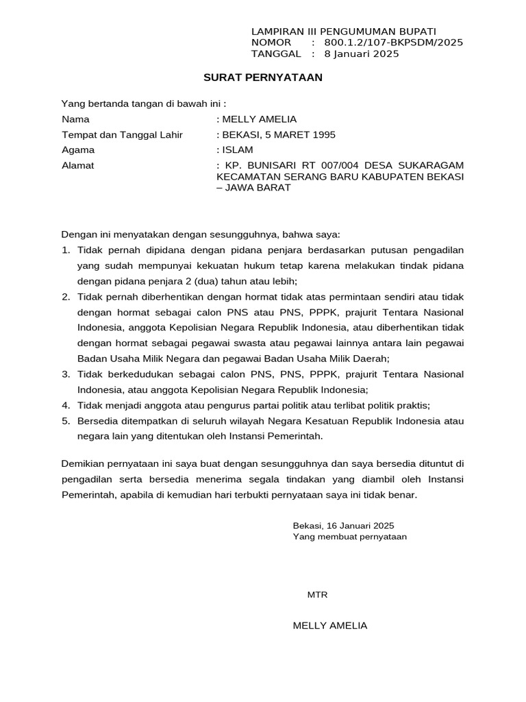 Surat Pernyataan Melly Amelia untuk PNS | PDF