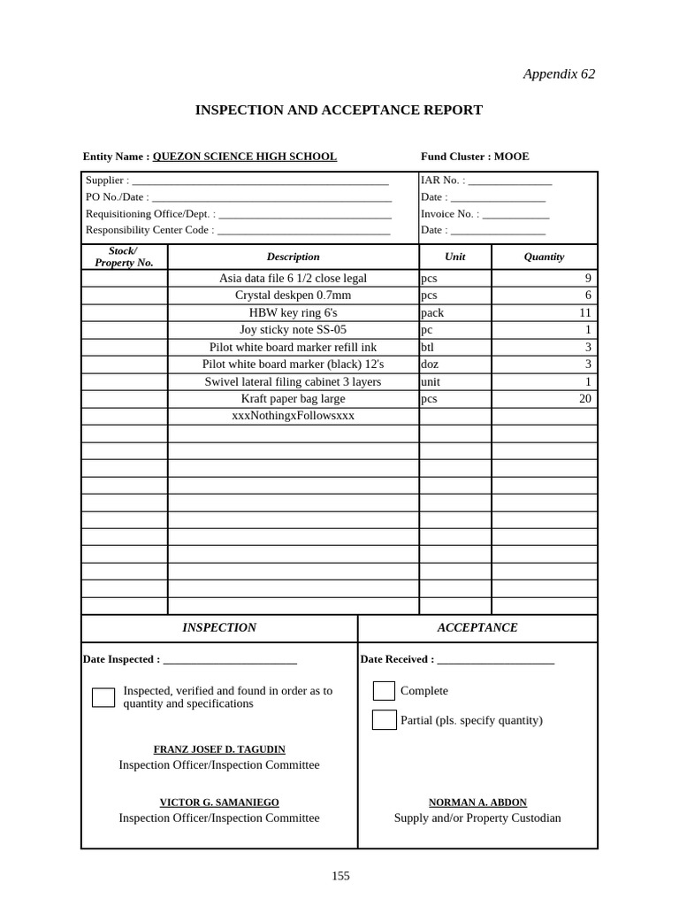 Inspection and Acceptance Report | PDF