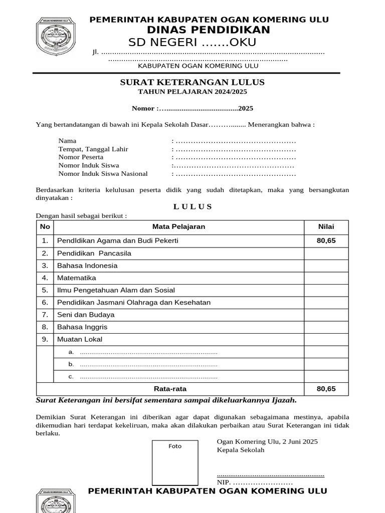 Surat Keterangan Lulus SD Tahun 2025 | PDF