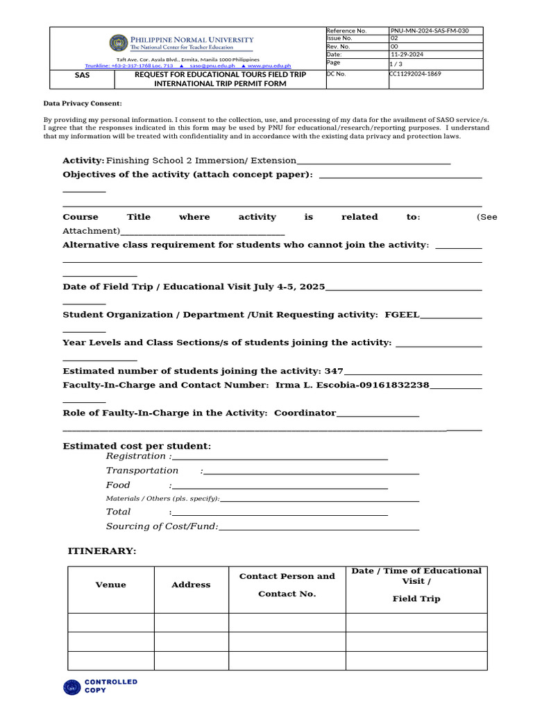 Request For Educational Tours Field Trip International Trip Permit Form - Unprotected | PDF
