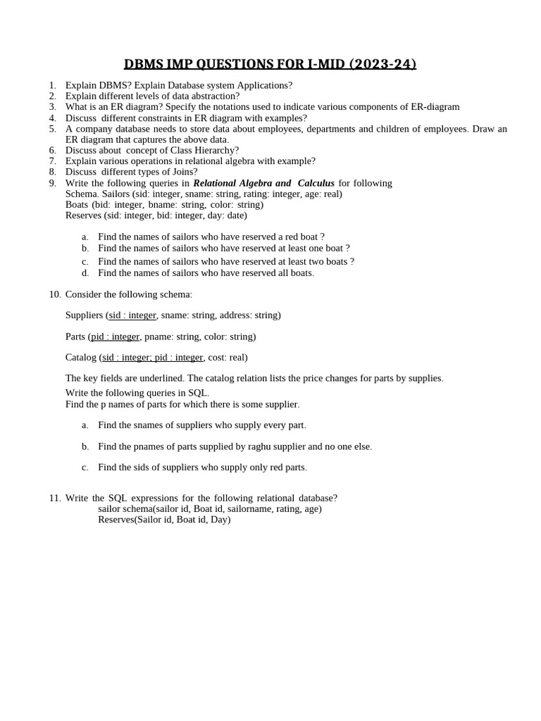 DBMS Imp Questions For I-Mid | PDF | Relational Model | Databases