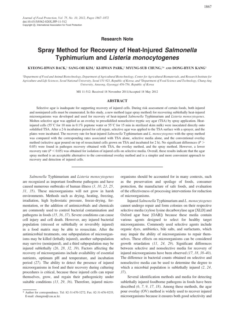 Spray Method For Recovery of Heat Injured Salmonella Ty - 2012 ...