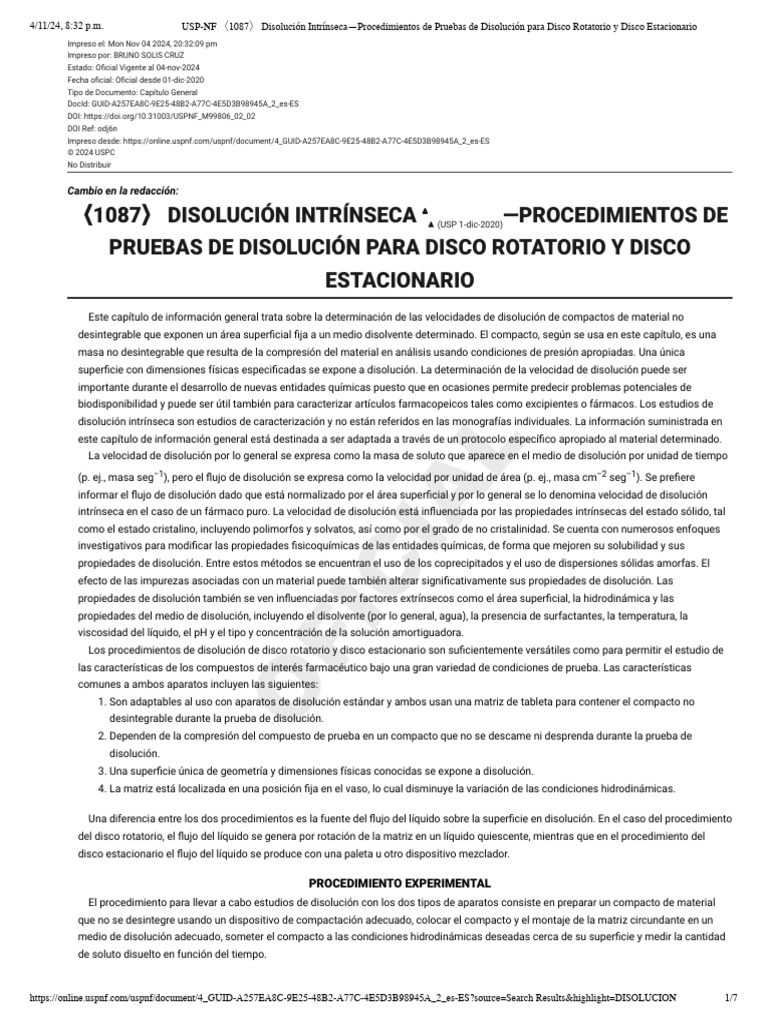 USP-NF 1087 Disolución Intrínseca-Procedimientos de Pruebas de ...