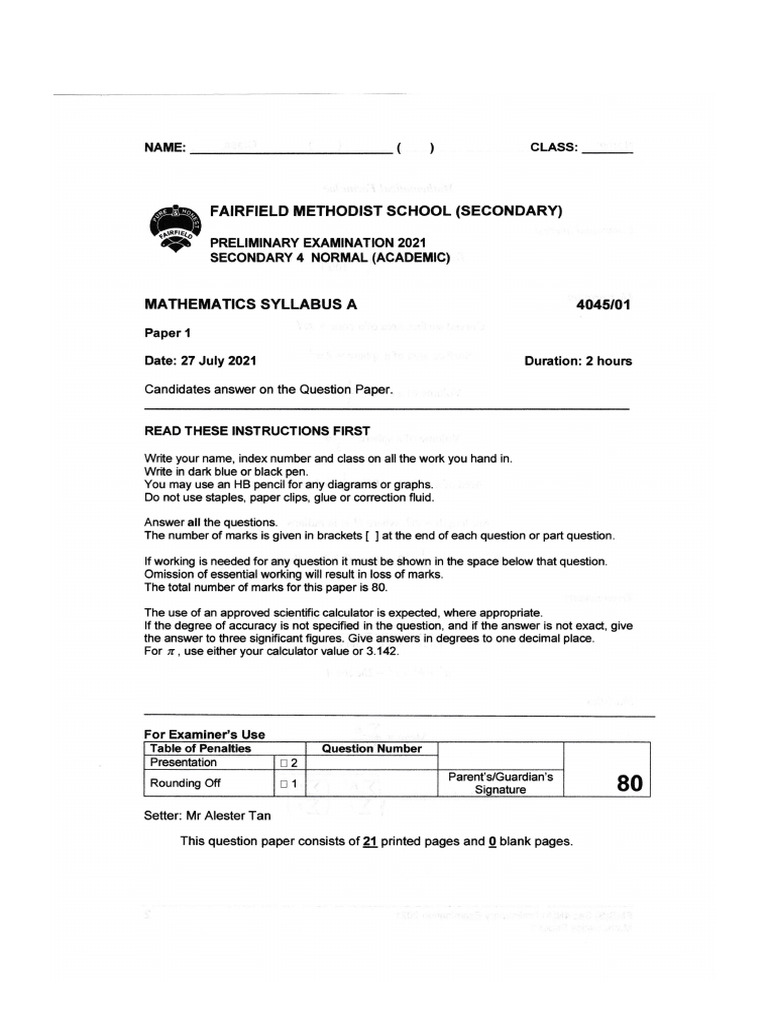Open Open E-Math - Sec 4 NA - Prelims Exam Paper - 2021 - Fairfield ...