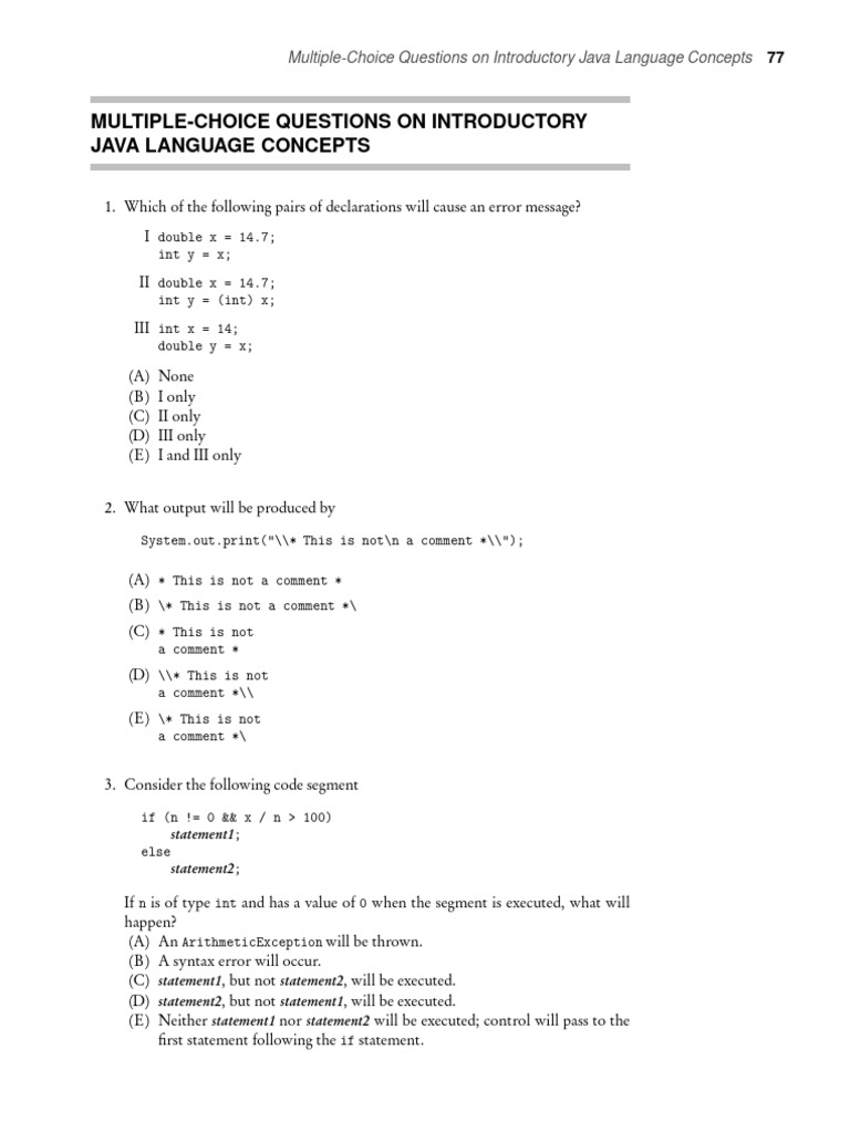 Intro Java Language Concepts MC | PDF | Boolean Data Type | Integer (Computer Science)