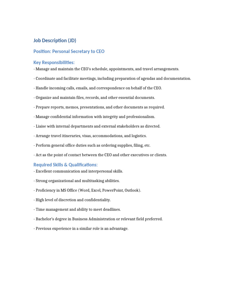 Personal Secretary Job Description | PDF