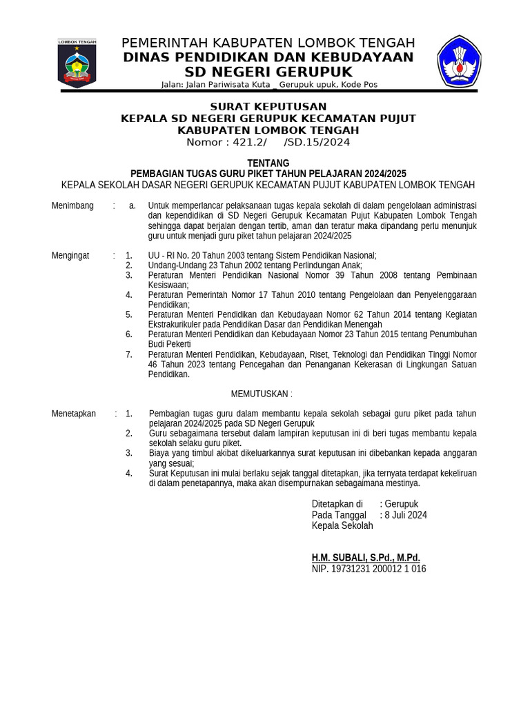 SK Guru Piket SD SMPN 13 Satap Pujut 2024 | PDF