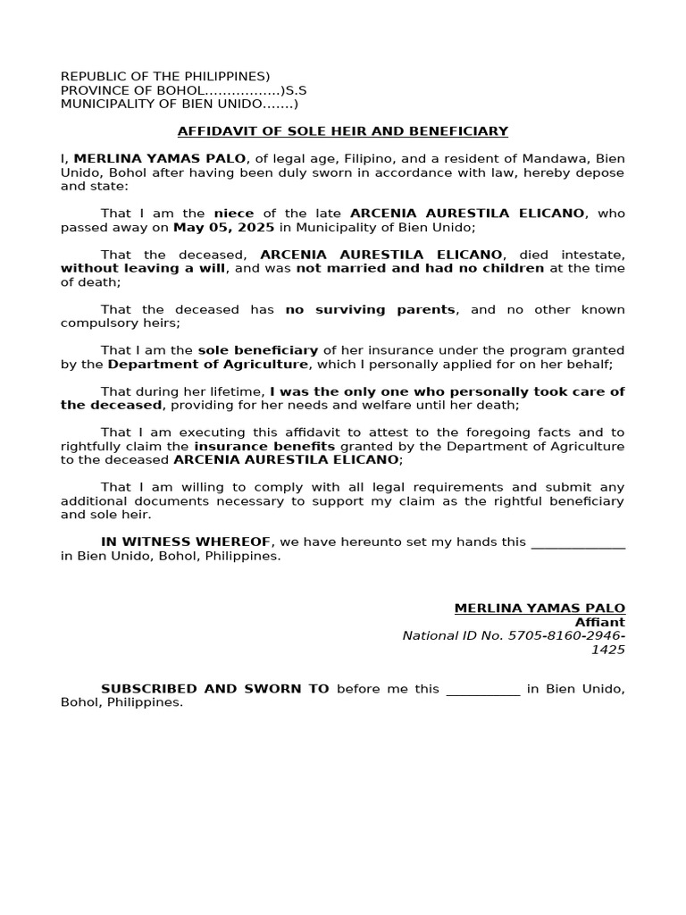 Affidavit of Sole Heir and Beneficiarys | PDF