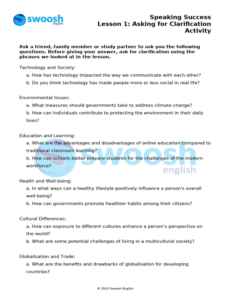 Speaking Course Worksheet Lesson 1 | PDF